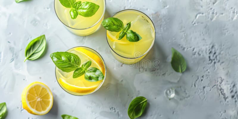 Three Glasses of Lemonade with a Sprig of Basil on Top. the Glasses are ...