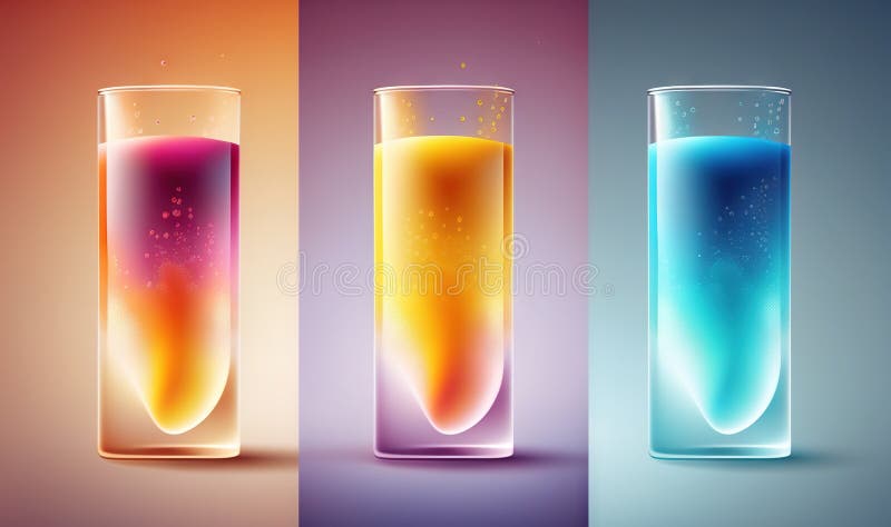 Three Glasses of Liquid with Different Colors and Shapes in Them Stock ...