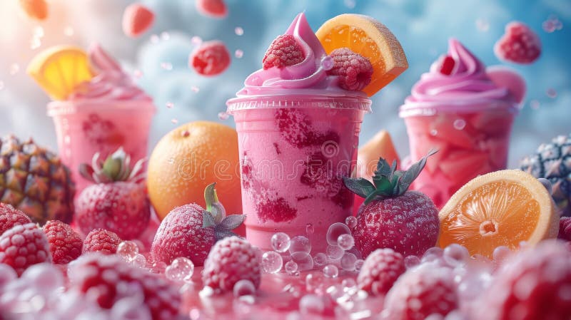 Three Glasses of Pink Smoothie with Fruit Toppings, Surrounded by Fresh ...