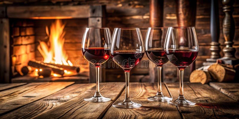 Three Glasses of Red Wine by a Cozy Fireplace on a Rustic Wooden Table ...