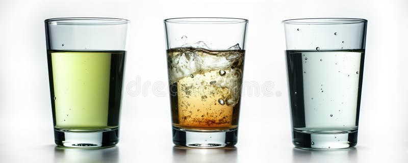 Three Glasses Show Different Water Types on White Background. One Glass ...