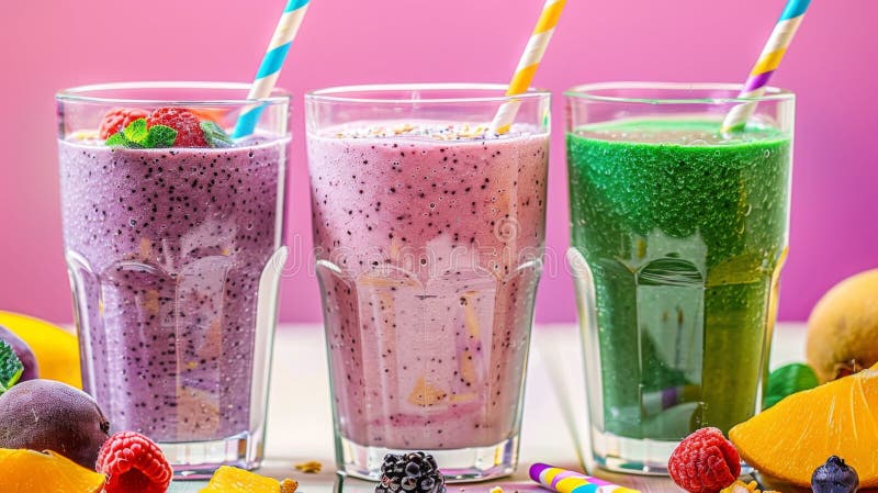Three Glasses of Smoothies with Different Colors and Straws Stock ...