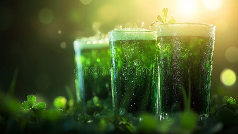 Three Glasses of Sparkling Green Drinks on Grassy Background Stock ...