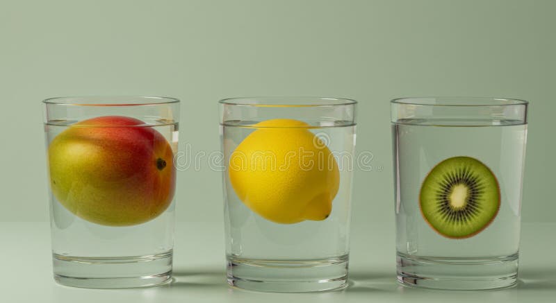 Three Glasses of Water with Mango, Lemon, and Kiwi Stock Illustration ...