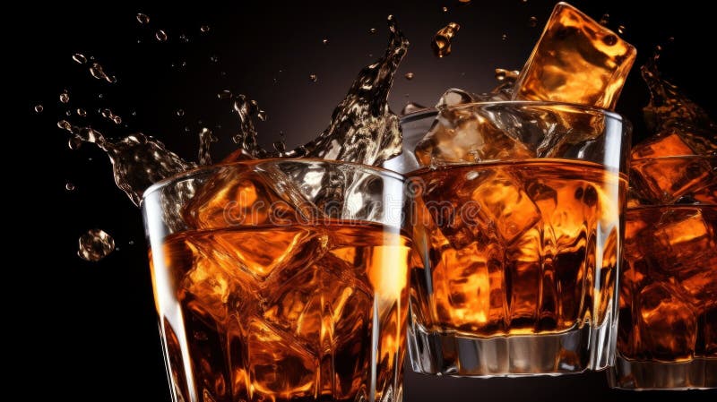Three Glasses of Whiskey with Ice Cubes and Water Splashing, AI Stock ... Three Glasses of Whiskey with Ice Cubes and Water Splashing, AI Stock ...