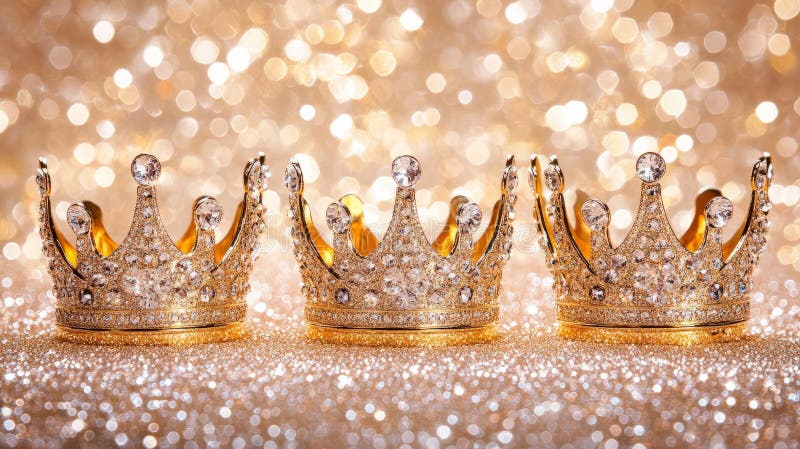 Three Glittering Gold Crowns on Sparkling Background Stock Illustration ...