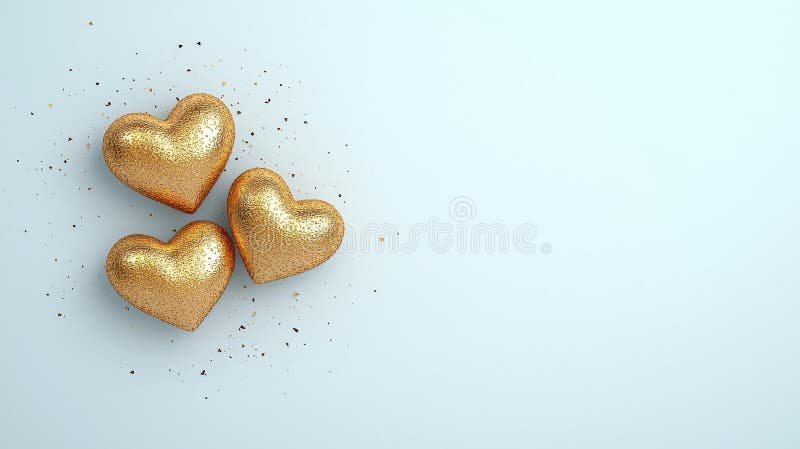 Three Glittering Golden Hearts on a Soft Blue Background with Sparkles ...
