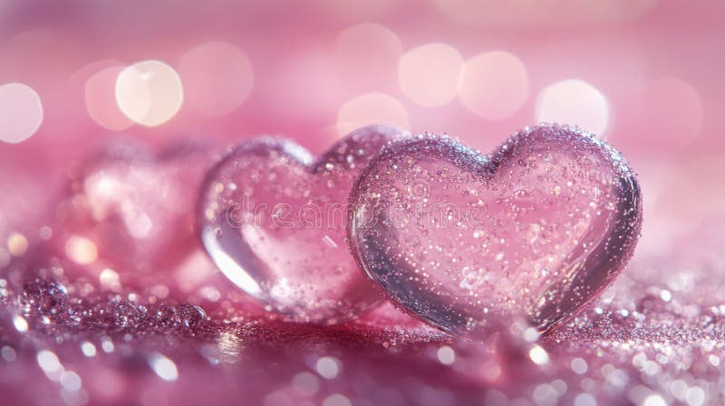 Three Glittering Pink Hearts Resting on a Pink Surface Stock ...