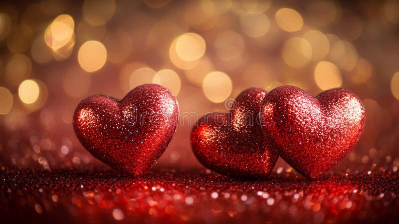 Three Glittering Red Hearts on Sparkling Background Stock Illustration ...