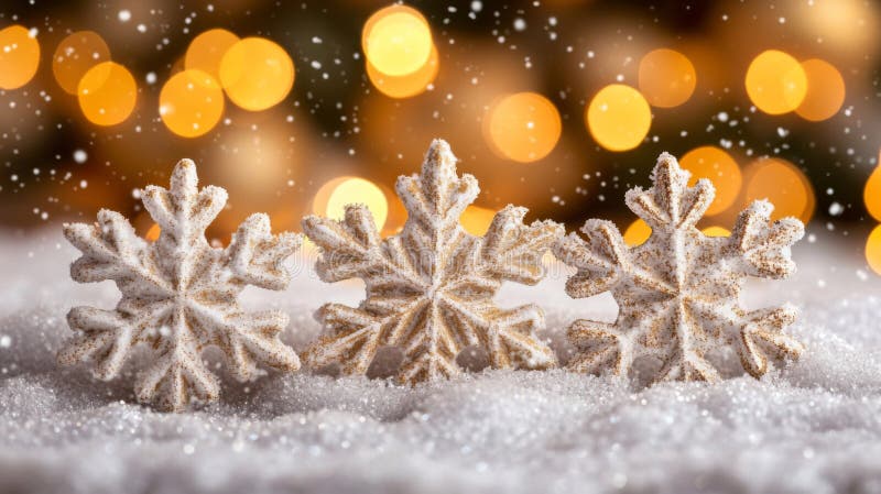 Three Glittering Snowflakes Resting in Sparkling Snow Stock ...