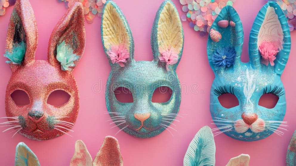 Three Glittery Bunny Masks on Pink Background Stock Illustration ...