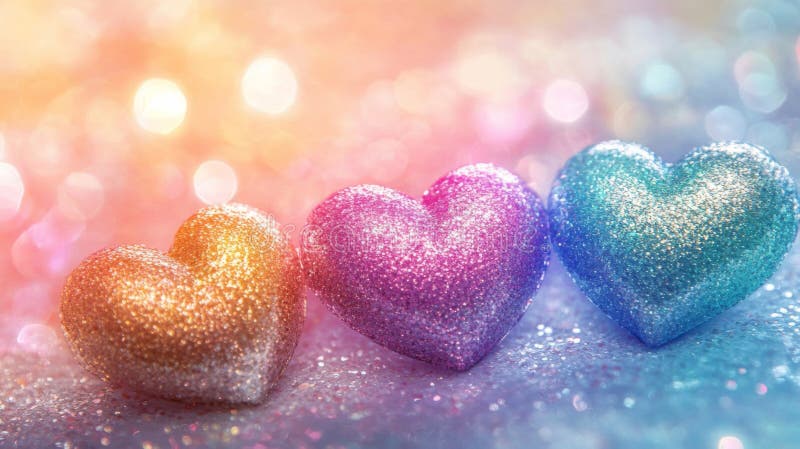 Three Glittery Hearts Resting on Sparkling Surface Stock Illustration ...