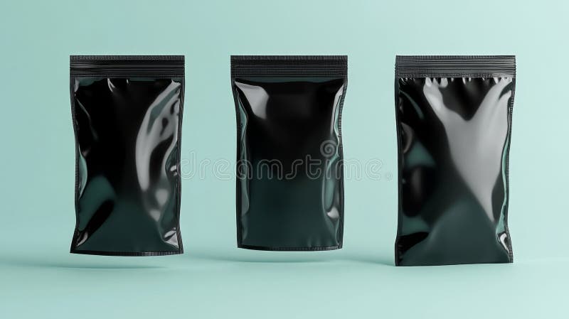 Three Glossy Black Packaging Pouches on a Light Blue Background Stock ...
