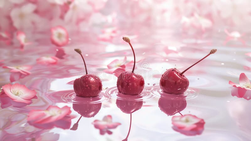 Three Glossy Cherries with Water Droplets Float on a Pink Reflective ...