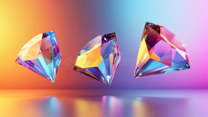 Three Glossy Iridescent Diamond Shapes Hovering on a Reflective Surface ...