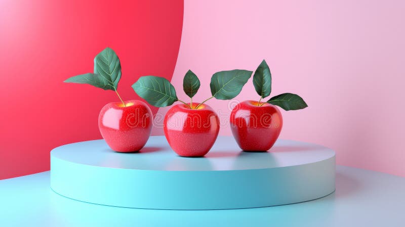 Three Glossy Red Apples on a Pastel Pedestal with Pink Backdrop Stock ...
