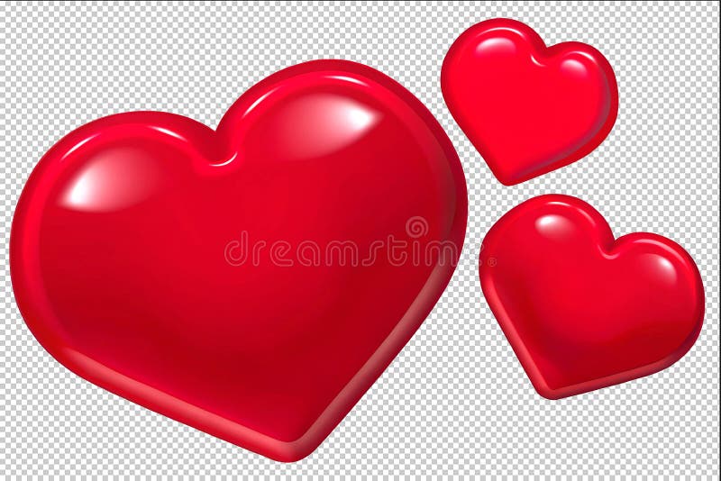 Three Glossy Red Hearts on Transparent Background Stock Photo ...