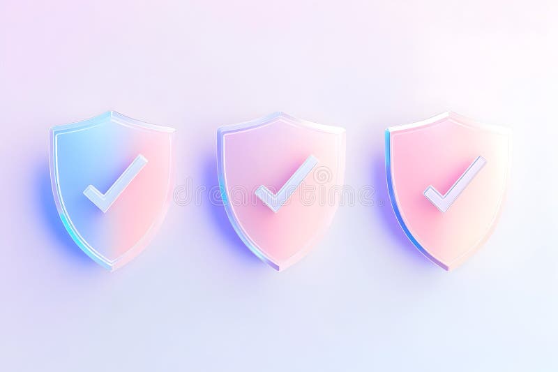 Three Glossy Shield Icons with Check Marks on Pastel Gradient Background Stock Illustration ...