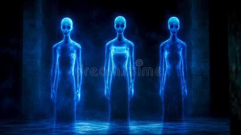 Three Glowing Alien Humanoids Visiting Earth in a Dark Place Stock ...