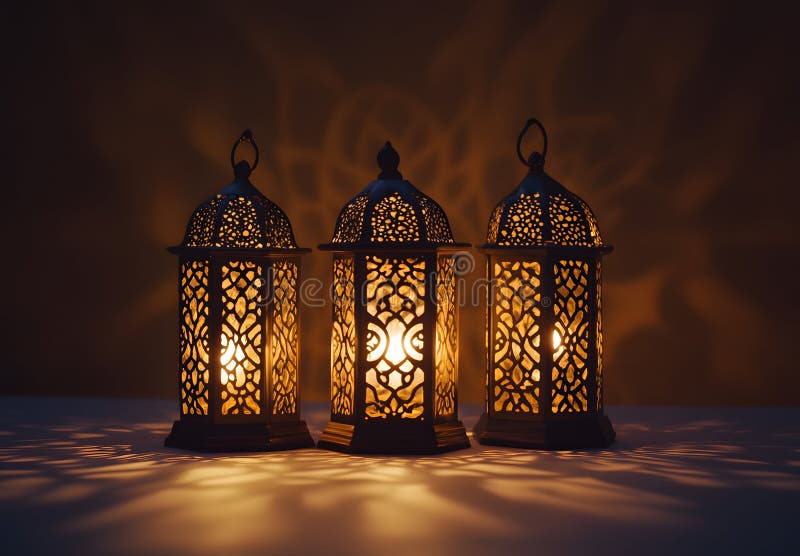 Three Glowing Arabic Lanterns on Table for Ramadan Stock Illustration ...
