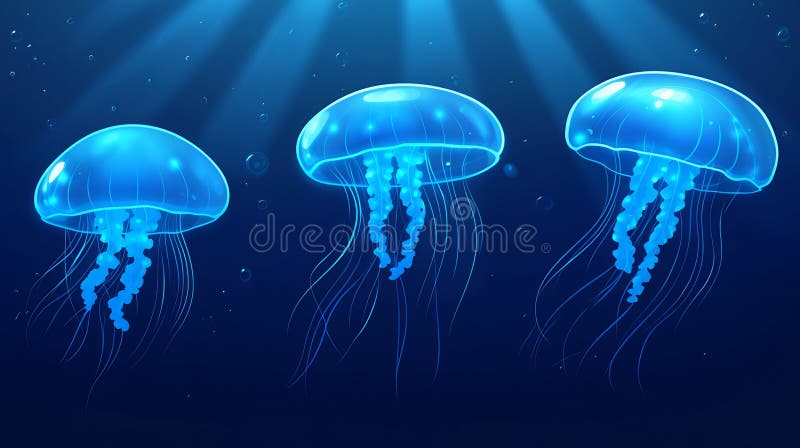 Three Glowing Blue Jellyfish Underwater Ocean Scene Digital Art ...