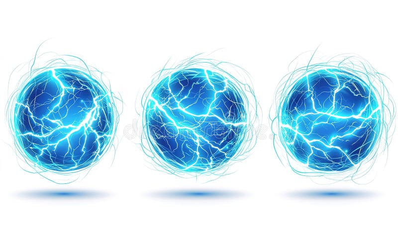 Three Glowing Blue Spheres with Electric Energy Patterns on a White ...