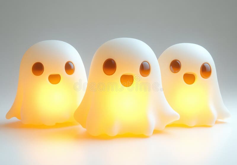 Three Glowing Cartoon Ghosts on White Background Stock Illustration ...