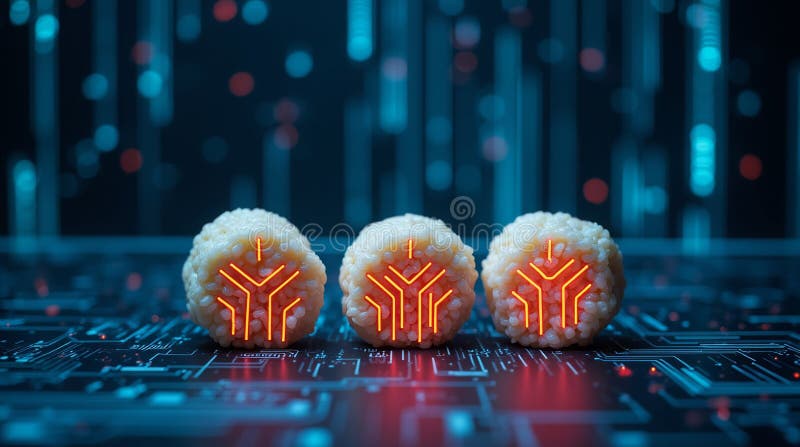 Three Glowing Circuit-inspired Spheres on a Digital Surface, Fusing ...