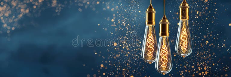 Three Glowing Classic Handing Illuminated Light Bulb on Blue Background ...