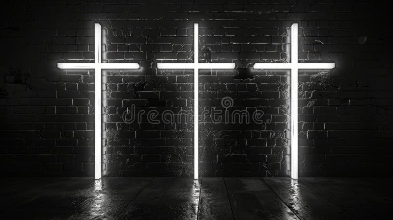 Three Illuminated Crosses Against a Dark Brick Wall in an Indoor ...