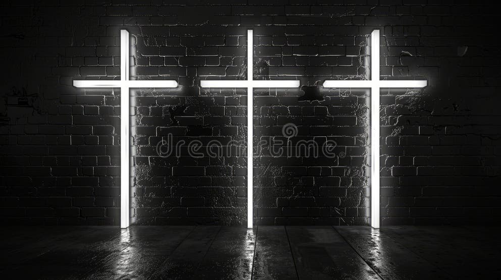 Three Illuminated Crosses Against a Dark Brick Wall in an Indoor ...
