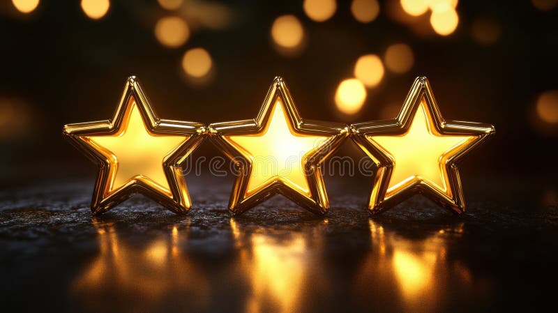 Three Glowing Golden Stars on a Dark Surface with Bokeh Lights Stock ...