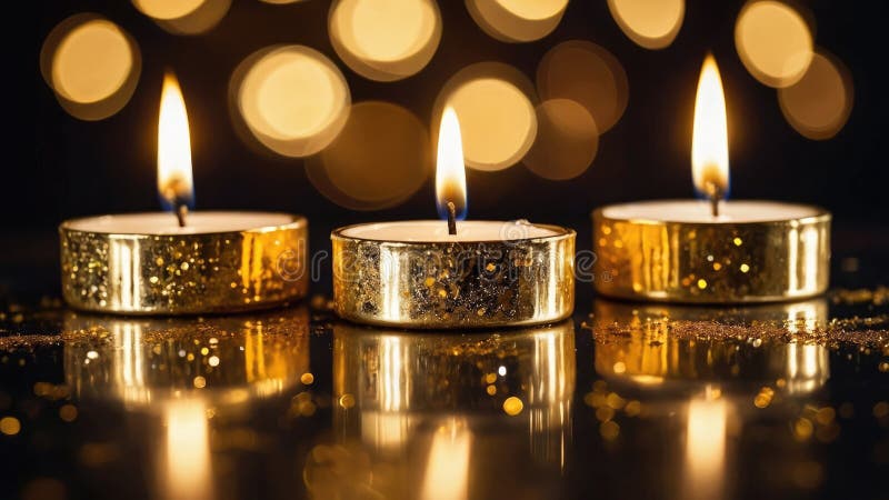 Three Glowing Golden Tea Candles on Black Background with Golden ...