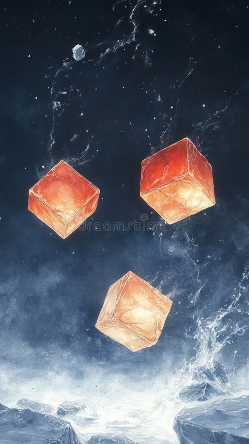 Glowing Cubic Ice Crystals Falling Over Frozen Ocean, Fantasy Art Stock ...