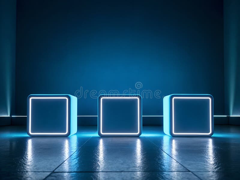 Three Glowing Neon Cube Product Display Platforms in a Blue Futuristic ...