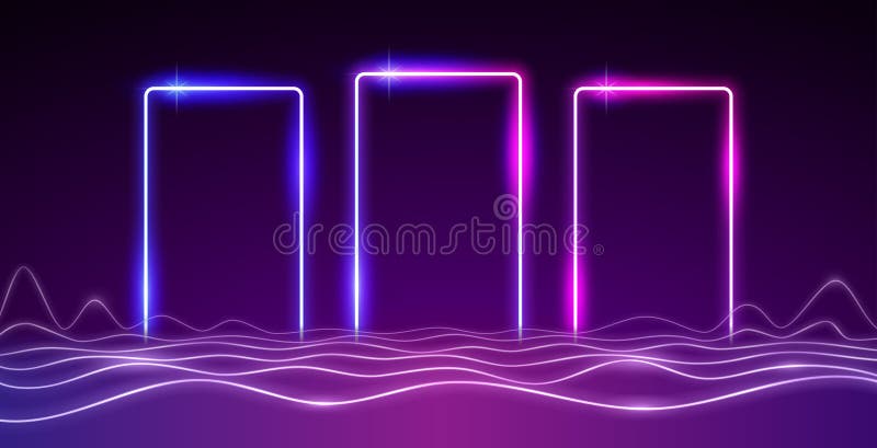 Three Glowing Neon Rectangle Frames on a Wavy Glowing Background Stock ...