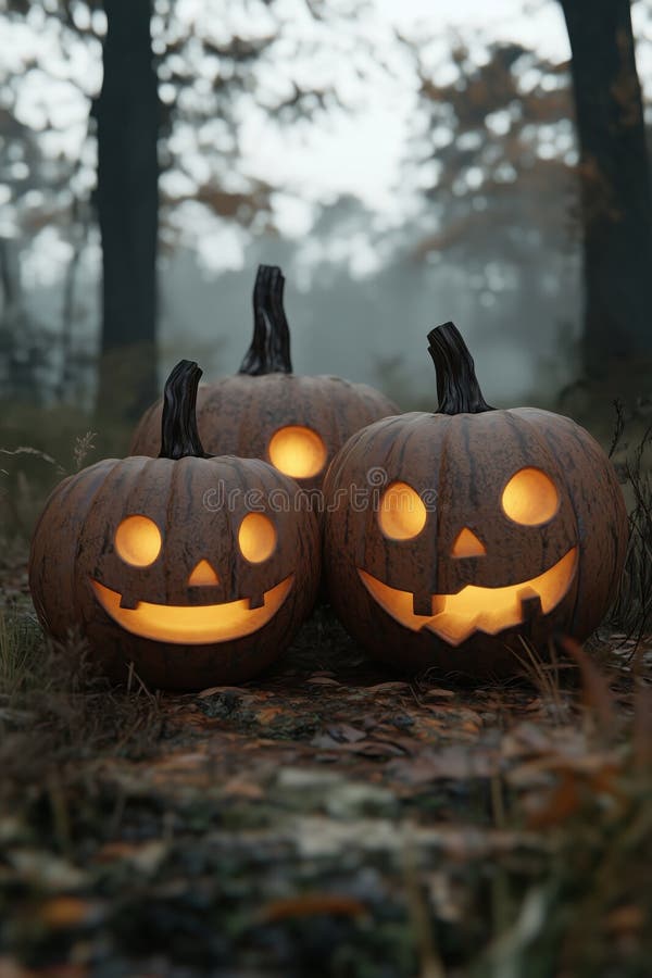 Three Glowing Pumpkins in a Foggy Woodland, Creating a Spooky Halloween ... Three Glowing Pumpkins in a Foggy Woodland, Creating a Spooky Halloween ...
