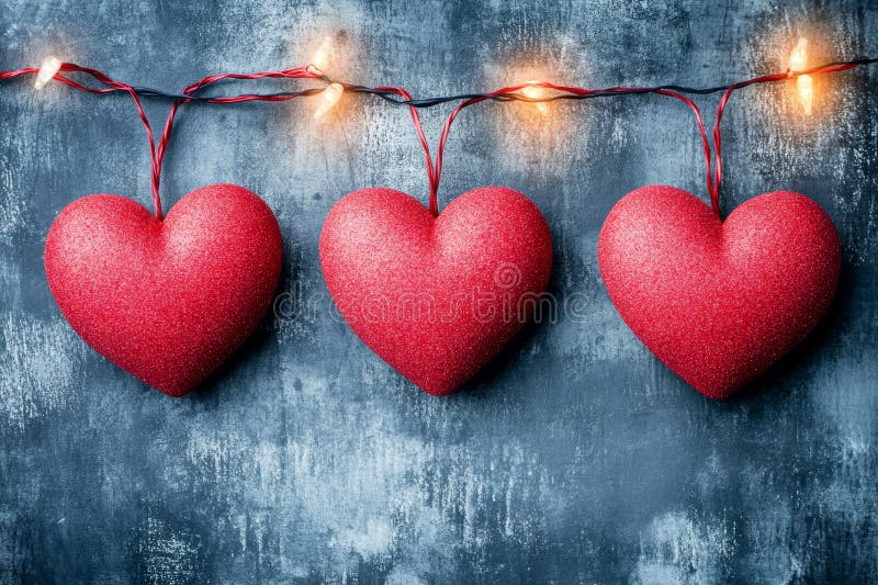 Three Glowing Red Hearts Hang from a String, Illuminated by Soft Lights ...