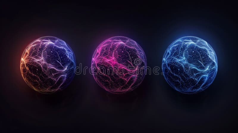 Three Glowing Spheres with Electrical Energy Patterns in Neon Lighting ...