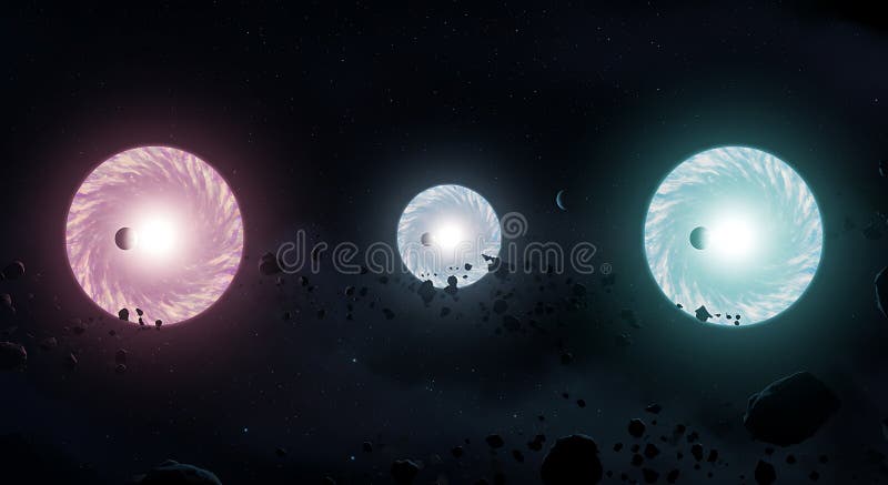 Three Glowing Spheres in Space, Each with Distinct Colors: Pink, White ...