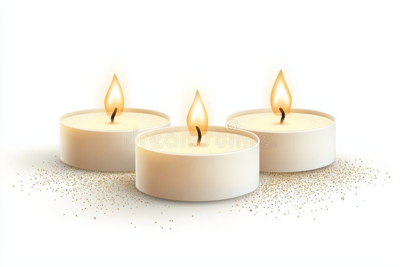 Three Glowing Tealight Candles on White Background with Soft Shadows ...