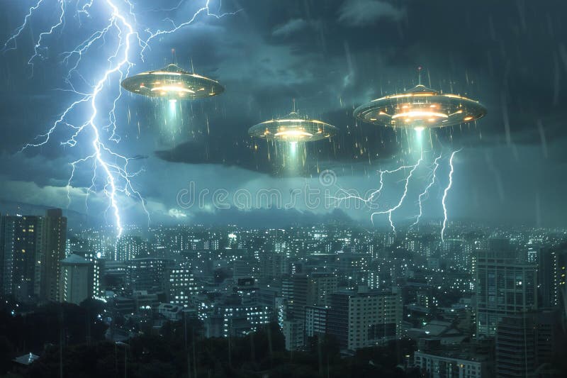 Three Glowing Ufos in the Sky Over an Urban Landscape, with Lightning ...