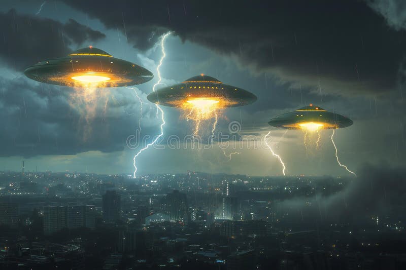 Three Glowing Ufos in the Sky Over an Urban Landscape, with Lightning ...