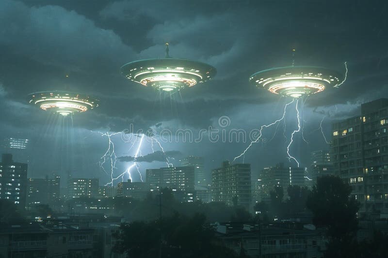 Three Glowing Ufos in the Sky Over an Urban Landscape, with Lightning ...