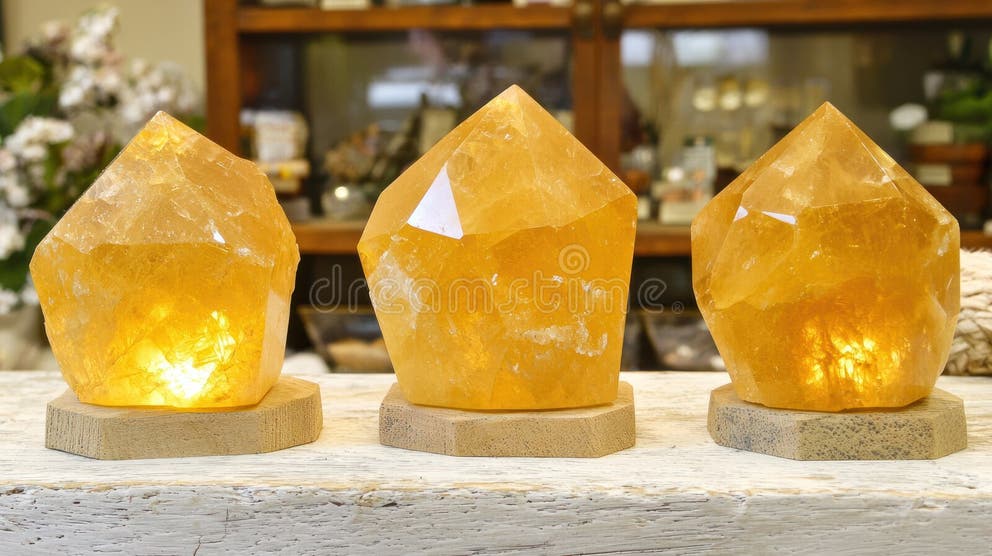 Three Natural Citrine Crystal Points on Wooden Stands Stock ...