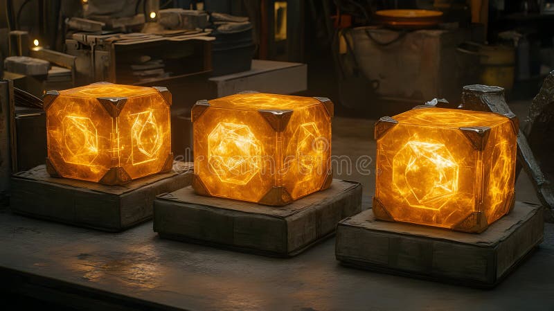 Three Glowing Yellow Cubes on Industrial Metal Surface with Geometric ...
