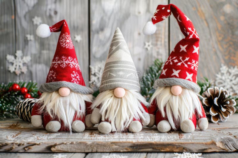 Three Gnomes Seated Side by Side on a Table, Looking Cheerful Stock ...
