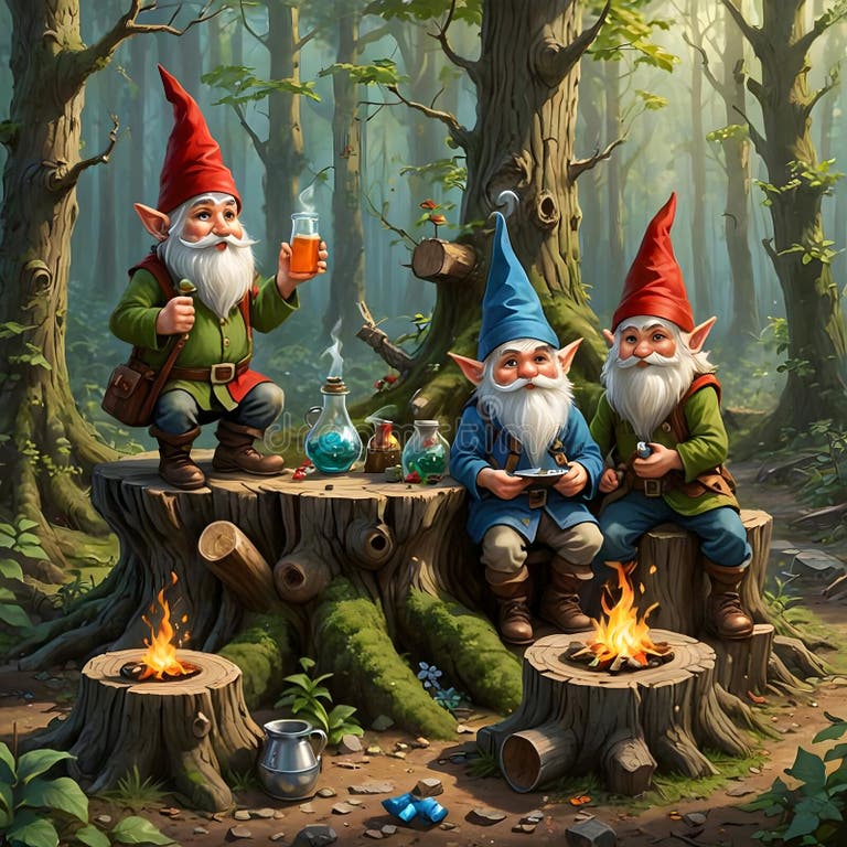 Three Gnomes are Seated on a Tree Stump in the Forest. Stock ...