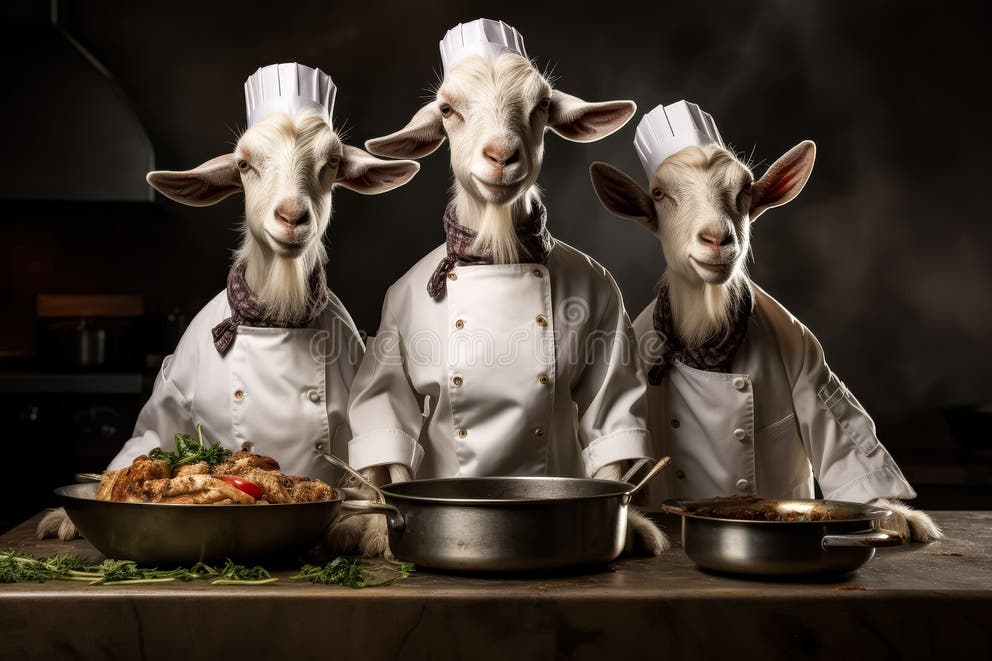 Three Goats Dressed As Chefs are Standing in Front of a Table with Pots ...