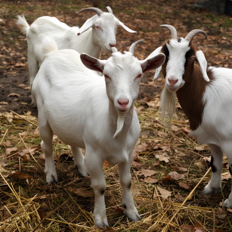 Three Goats, Including One White and Two with White/brown Fur, in Rural ...